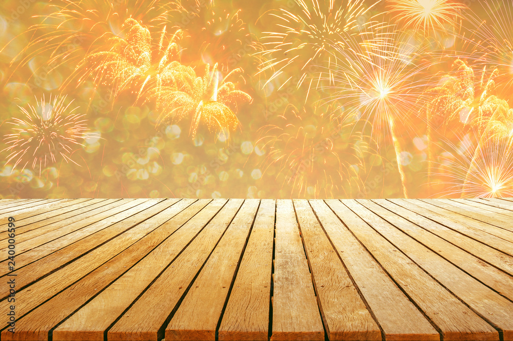 fireworks background with wooden table top for celebration design to ...