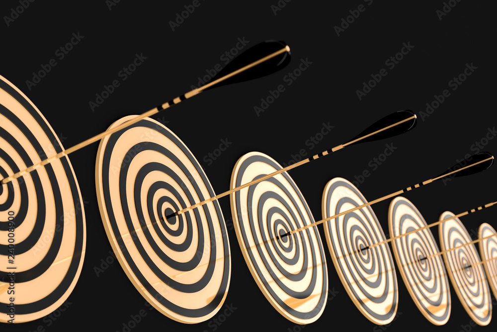 golden arrow hit the gold target on a black background Stock ...