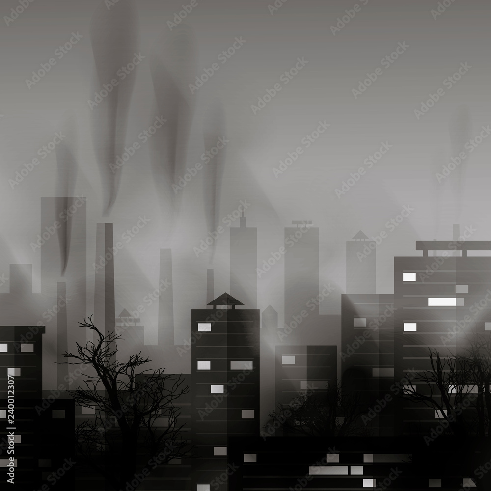 Smog polluted urban landscape. Highly polluted city with factory plants ...