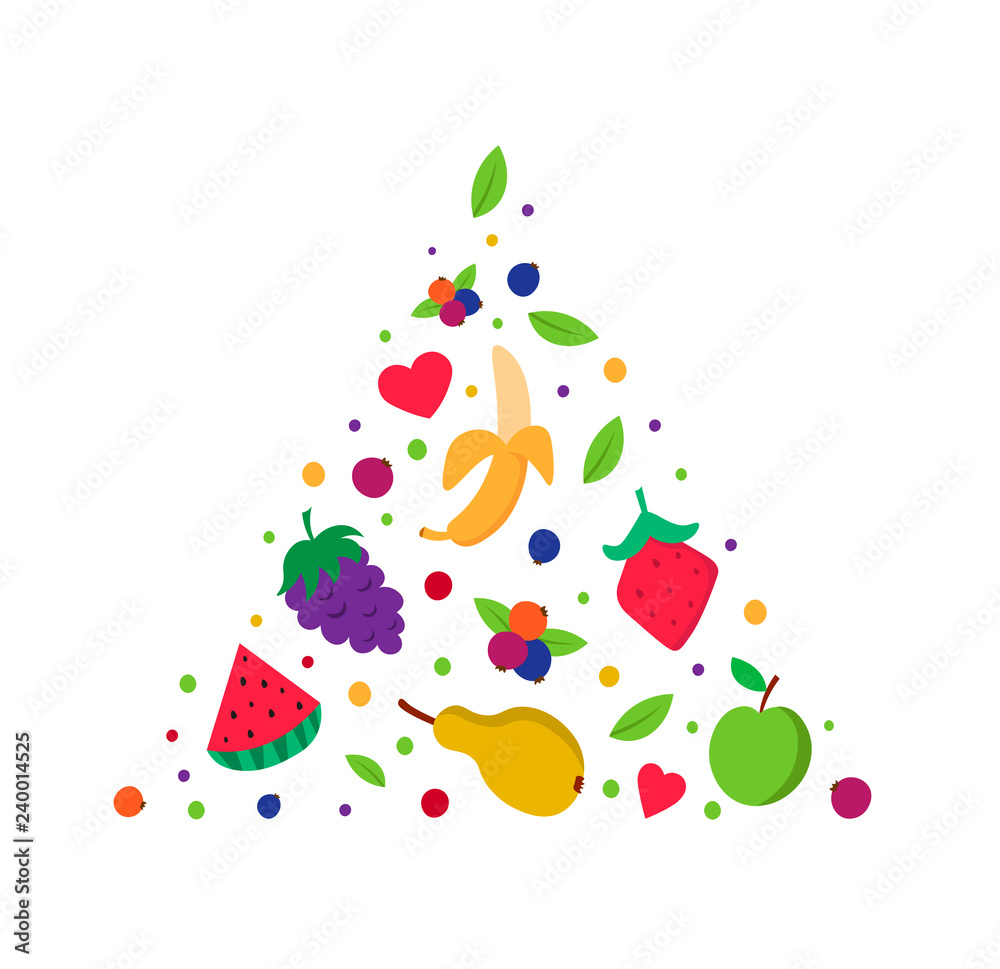 Fruit pyramid. Healthy eating concept food pyramid. Banana, pear ...