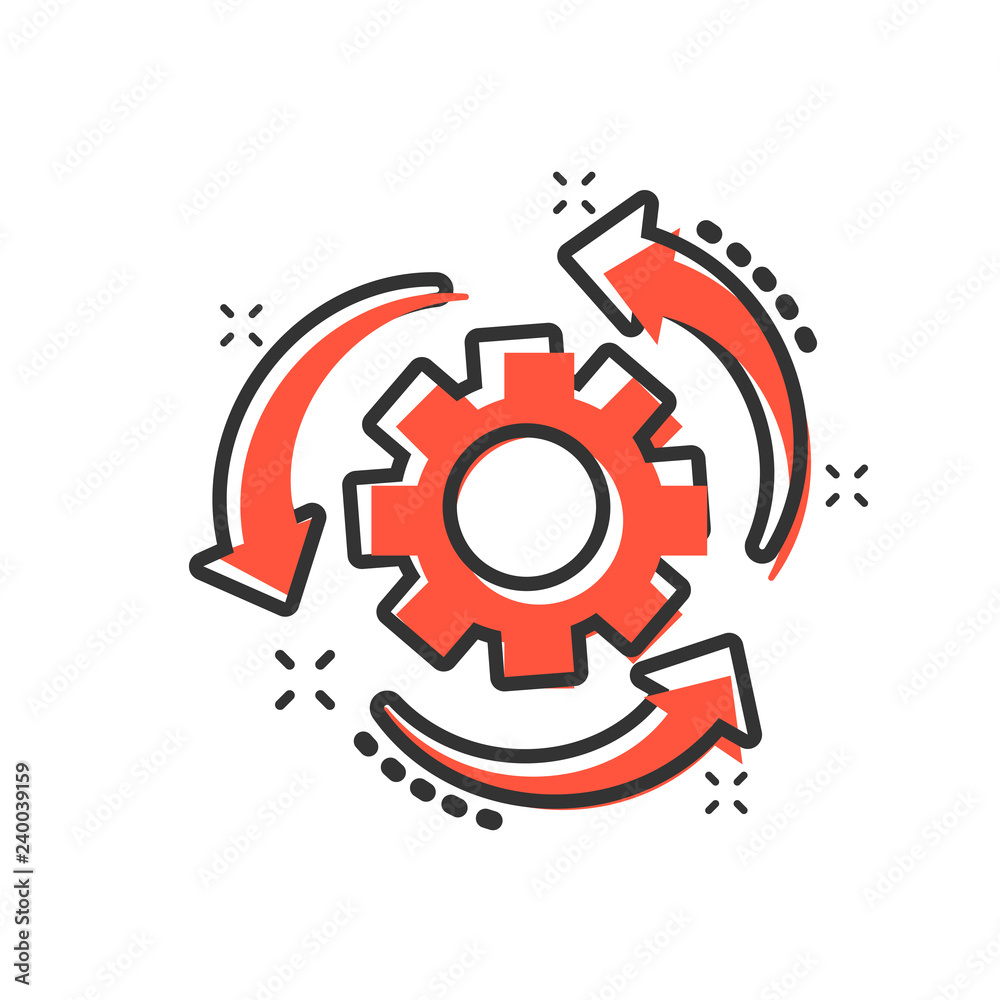 Workflow process icon in comic style. Gear cog wheel with arrows vector ...