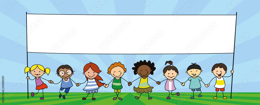 group of children holding banner, kids holding hands illustration ...