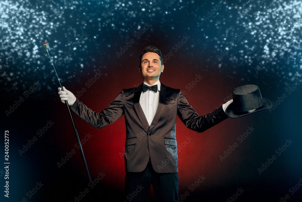 Professional Occupation. Showman in suit standing isolated on wall with ...