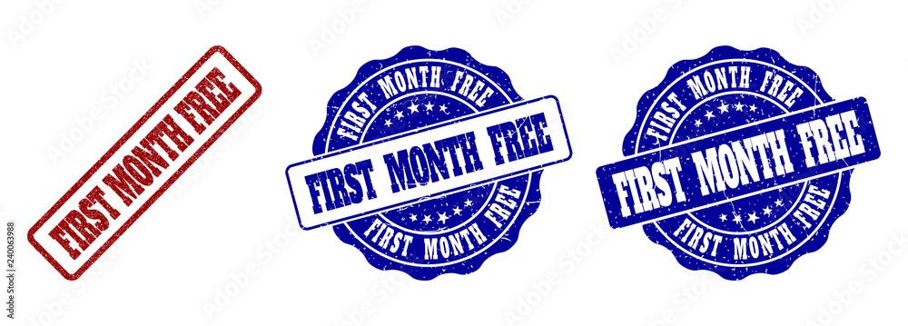 FIRST MONTH FREE scratched stamp seals in red and blue colors. Vector ...
