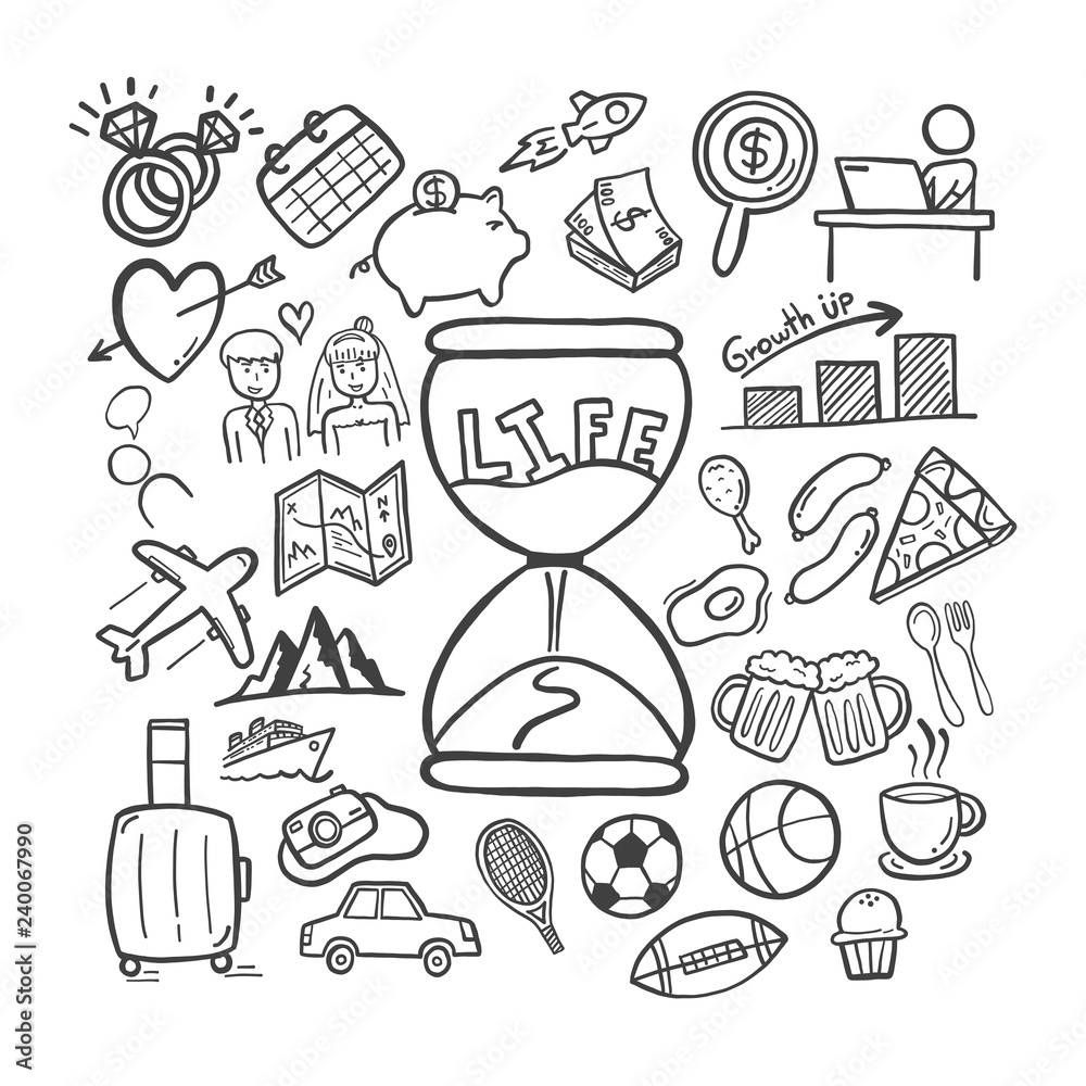 Activities of one's life of a human. Doodle is drawn by hand on the ...