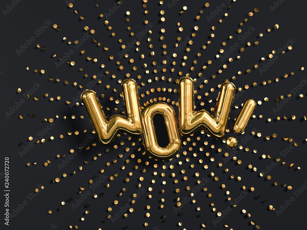 Surprised Wow exclamation golden foil balloon letters phrase on black ...