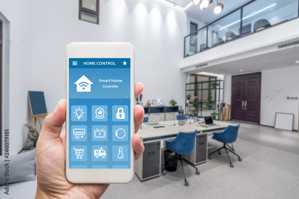 smart phone with smart house, home automation, device with app icons ...