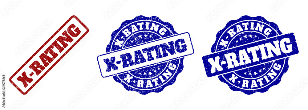 X-RATING grunge stamp seals in red and blue colors. Vector X-RATING ...