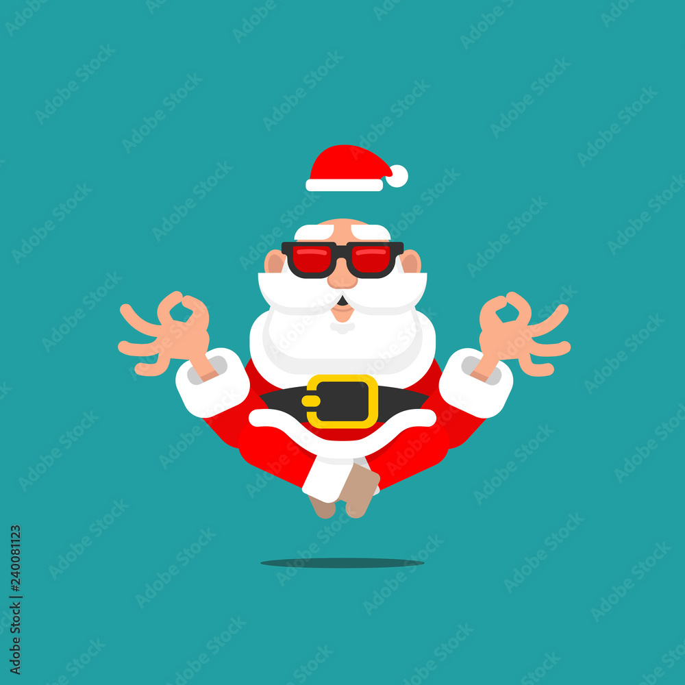Older Santa Claus in meditation levitating in the air with sunglasses ...