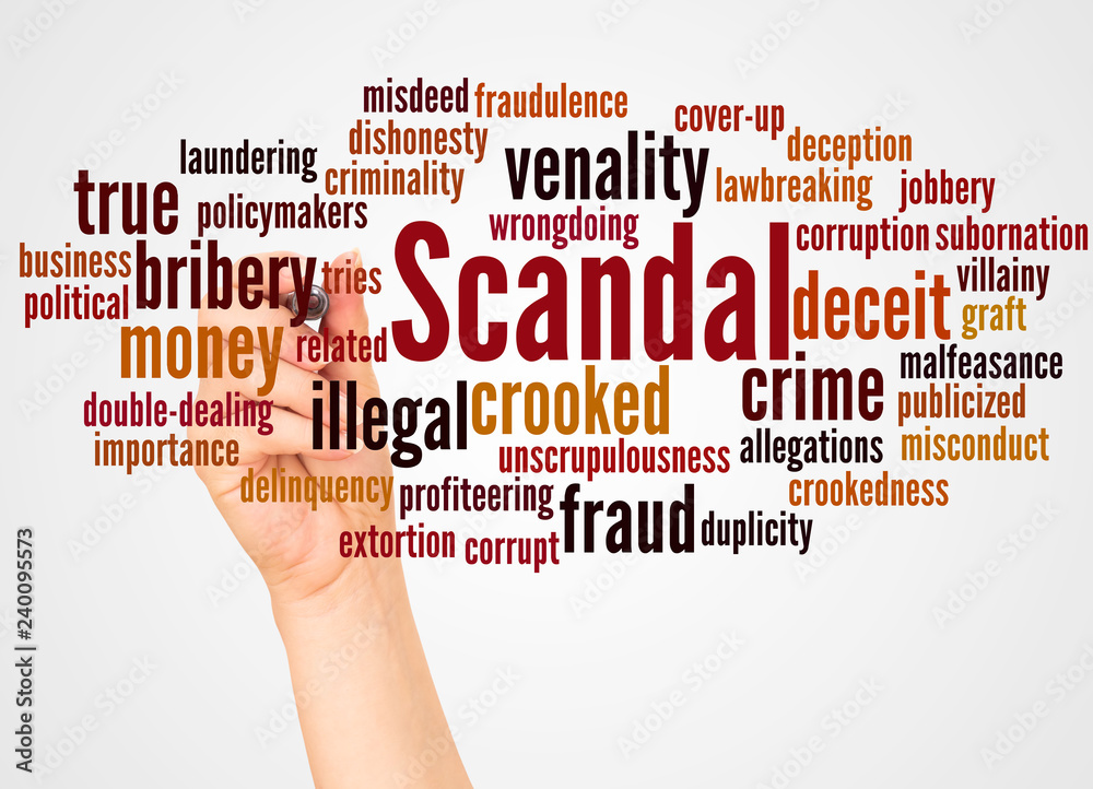 Scandal word cloud and hand with marker concept Stock Illustration ...
