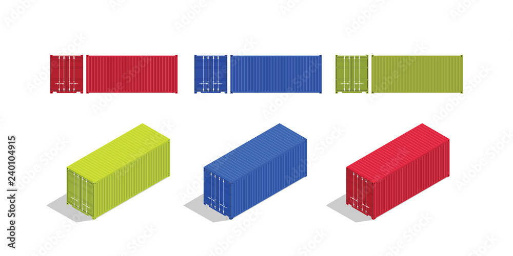 container isometric and from front set collection with various color ...