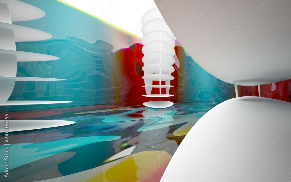 Abstract dynamic interior with white smooth objects and gradient ...