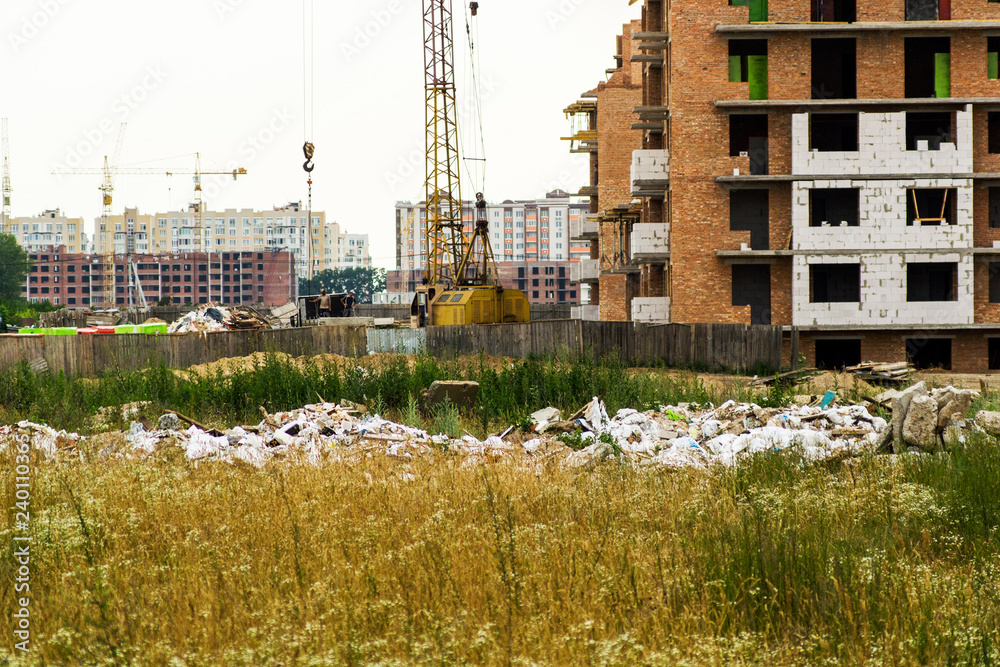 Building construction yard, unfinished buildings and cranes Stock Photo ...