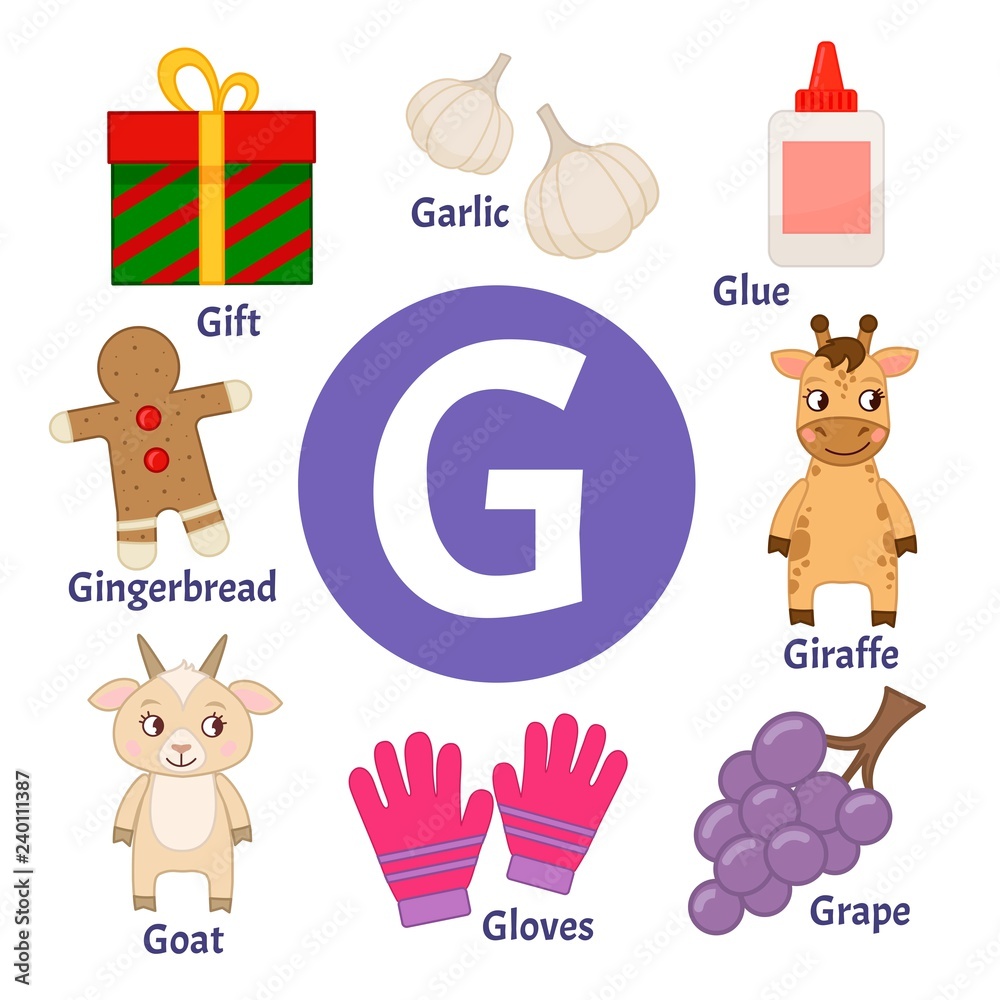 Vector cute kids animal alphabet. Letter G. Set of cute cartoon ...