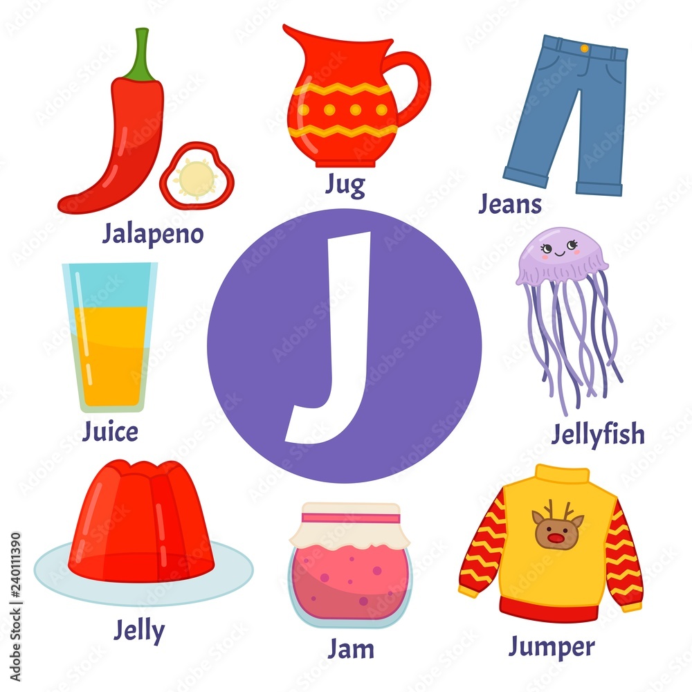 Vector cute kids animal alphabet. Letter J. Set of cute cartoon ...