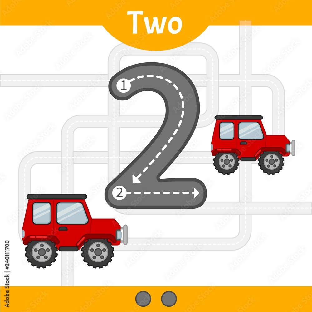 Kids learning material. Card for learning numbers. Number 2. Cartoon ...
