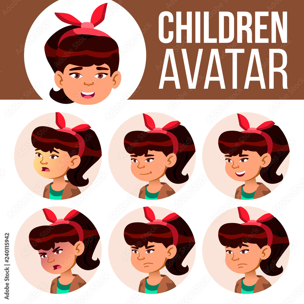 Asian Girl Avatar Set Kid Vector. High School. Face Emotions. High ...
