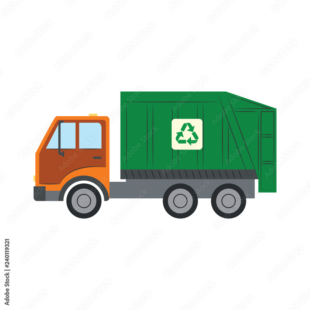 Trash truck with recycle symbol - green lorry vehicle for assembling ...