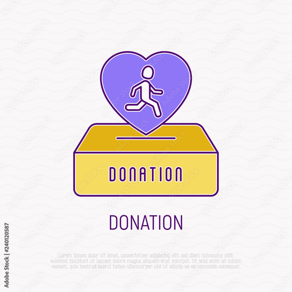Donation from marathon thin line icon. Heart with runner falls in ...