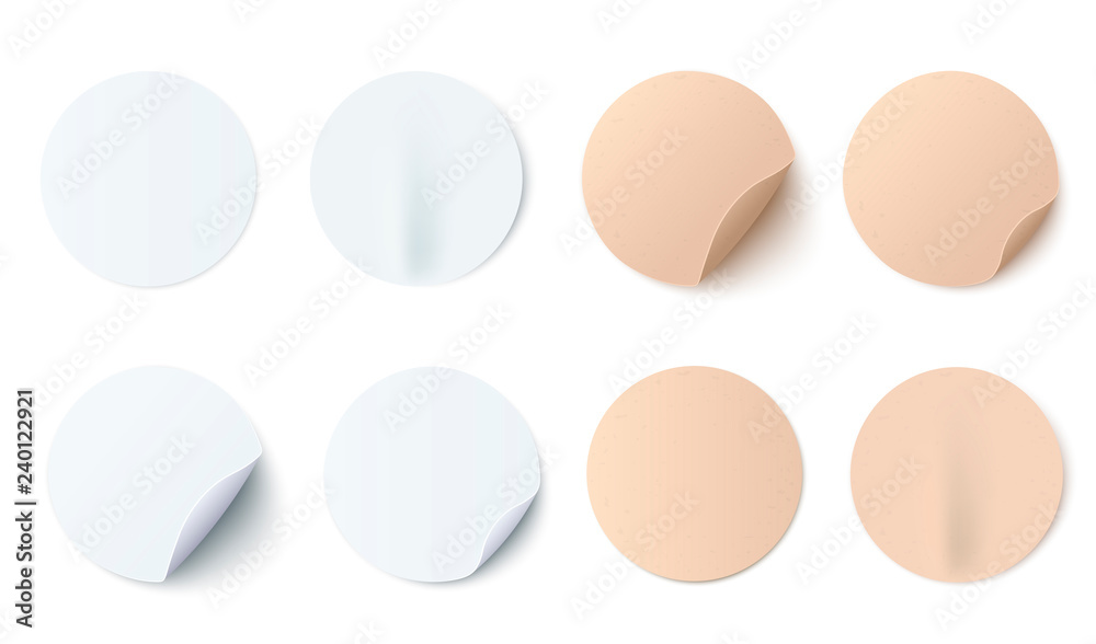 Vector illustration set of white and brown round blank paper stickers ...