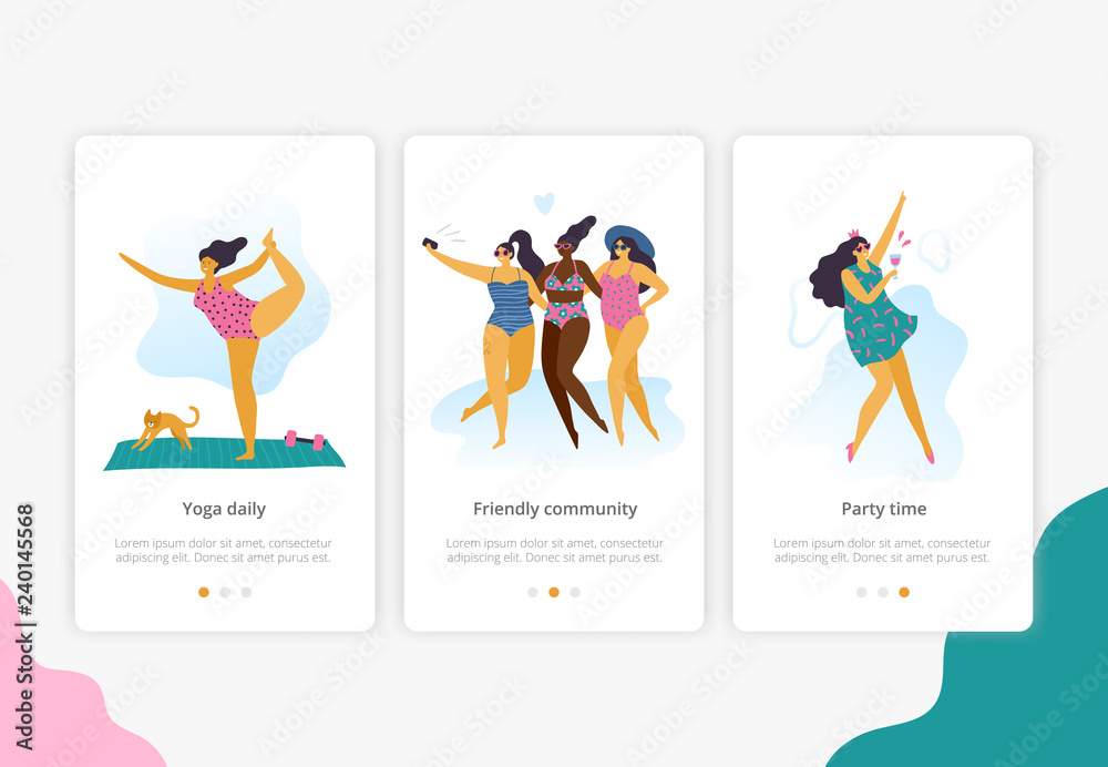 Happy plus size girls with healthy lifestyle in different pose: yoga ...