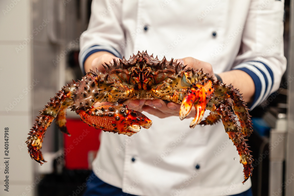 Chef of premium michelin restaurant in white uniform is holding fresh ...