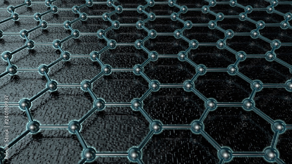 3D illustration of a glowing crystal lattice of graphene, carbon ...