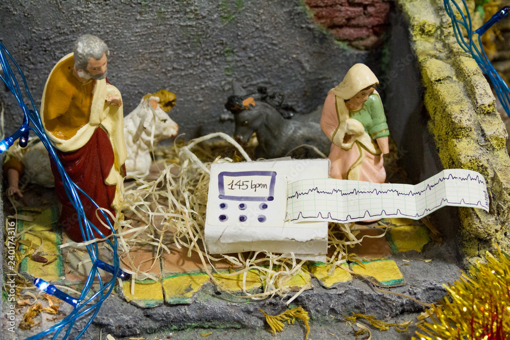 Nativity scene during Advent with cardiotocograph/electronic fetal ...