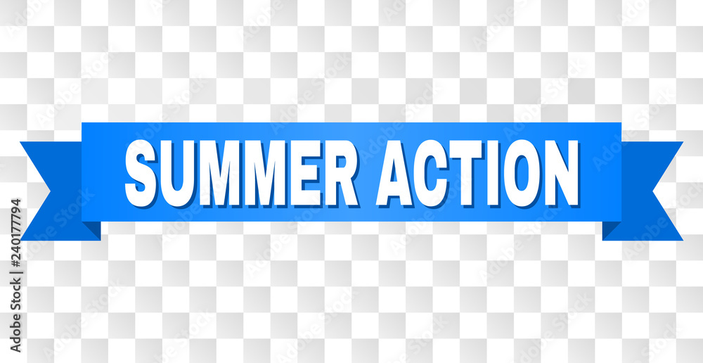 SUMMER ACTION text on a ribbon. Designed with white caption and blue ...