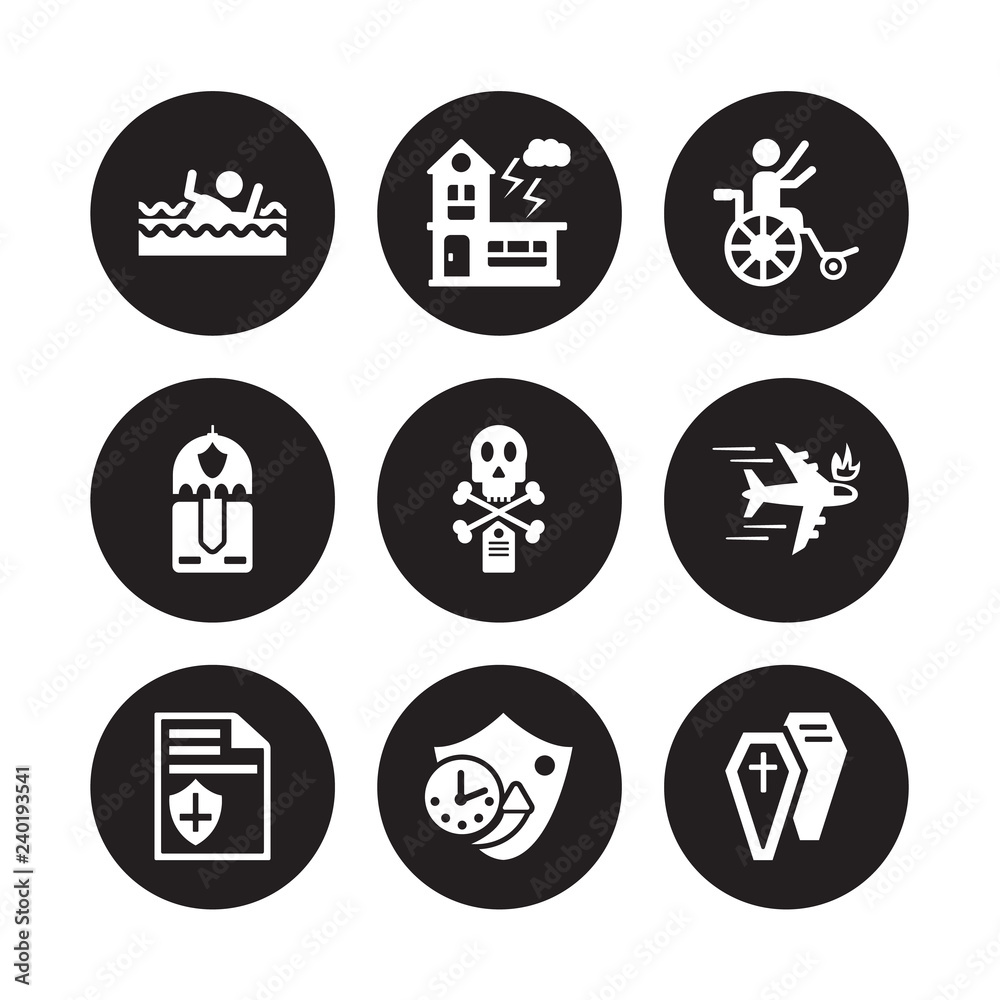 9 vector icon set : Drown, Disaster, Contract Coverage, Crash, Death ...