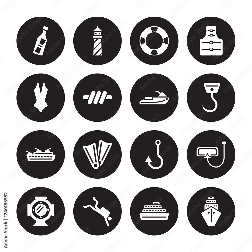 16 vector icon set : Message In a Bottle, Cruise Ship, Diver, Diving ...