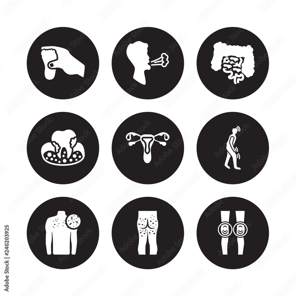 9 vector icon set : Otitis, Osteoporosis, Neoplasm, Night blindness ...