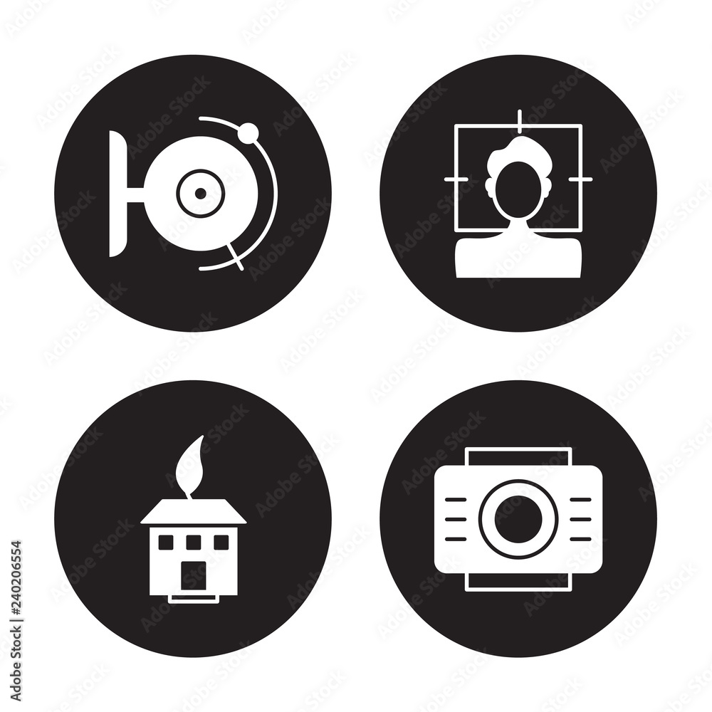 4 vector icon set : Fire alarm, Eco home, Face scan, Doorbell isolated ...