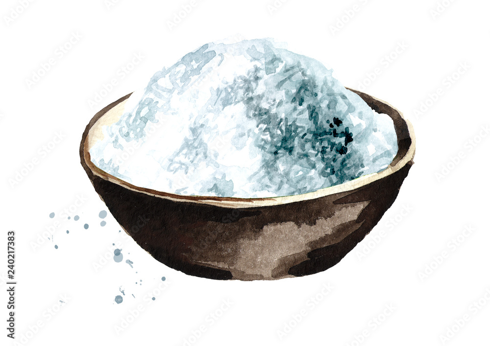 Sea salt in a bowl watercolor hand drawn illustration isolated on white ...