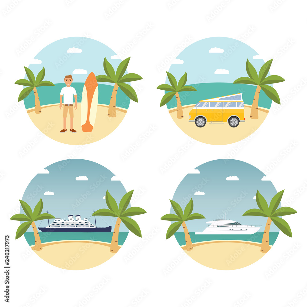 Summer landscape tropical island, sandy beach, palm trees. Road trip ...