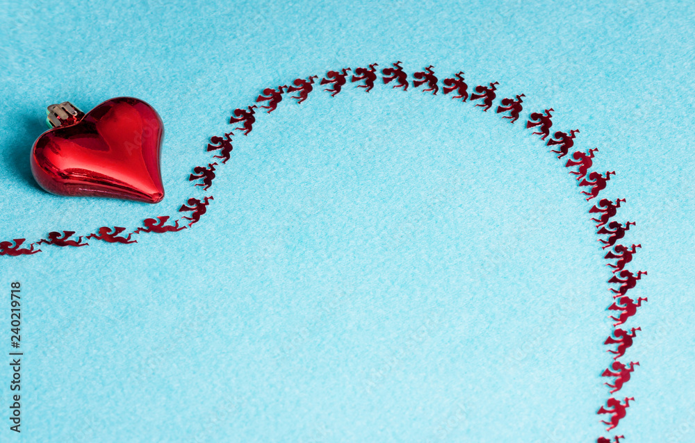 Lines of heart on a blue background are made of red figures of the ...