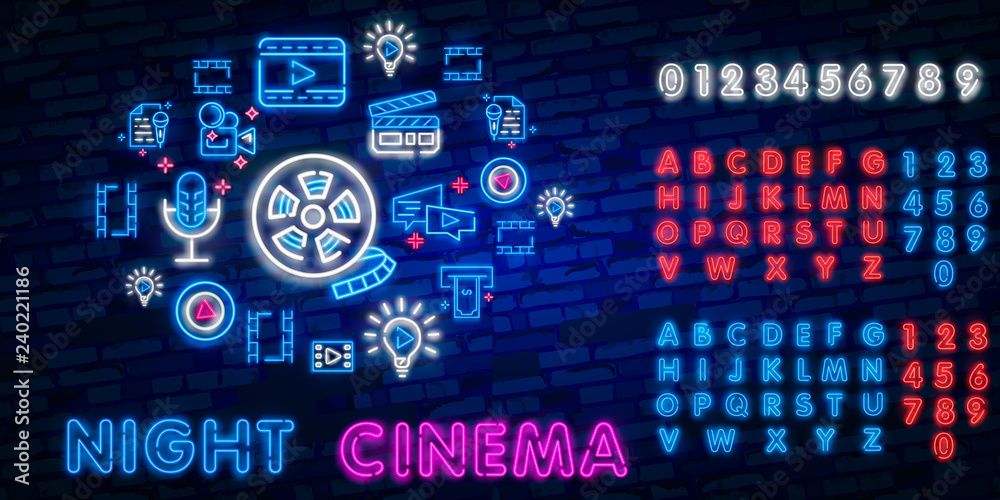 Cinema night set neon sing, label and logo. Cinema banner Design ...