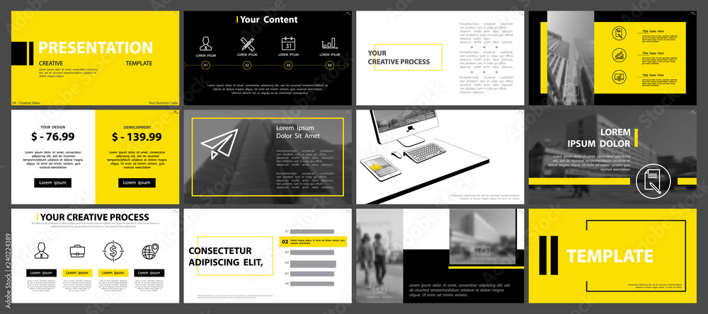 Yellow, black, presentation templates on a white background. Set ...