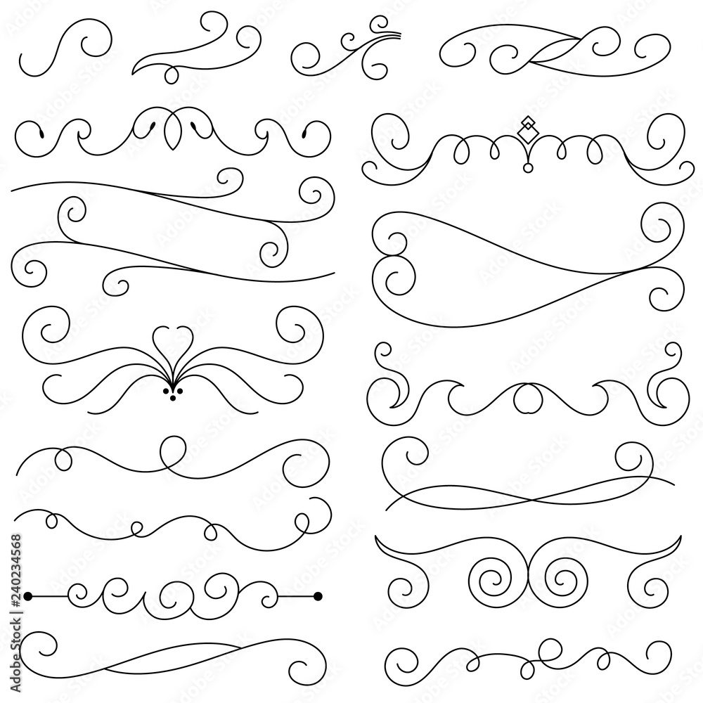 Vetor de Collection of Hand-drawn swirls and curves. Design element of ...
