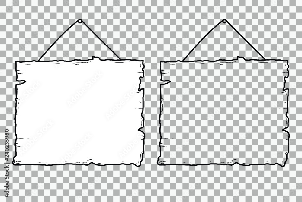 Vector drawing empty blank and white wooden sign board with rope on ...