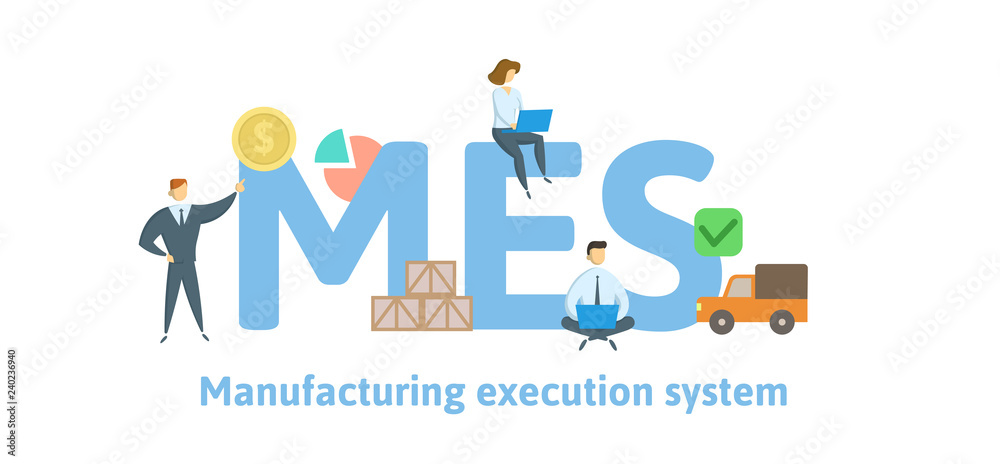 MES, Manufacturing execution system. Concept with keywords, letters and ...