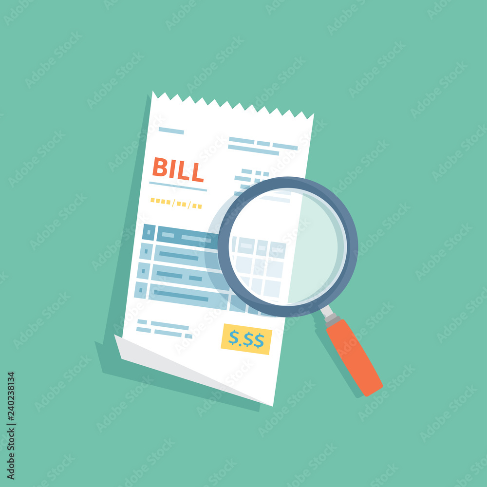 Bill icon with magnifying glass. Studying paying account. Payment of ...