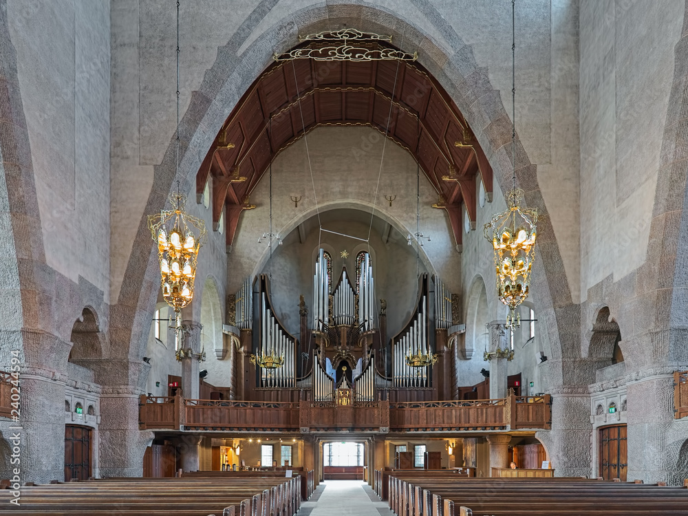 Interior of Engelbrekt Church with pipe organ in Stockholm, Sweden. The ...