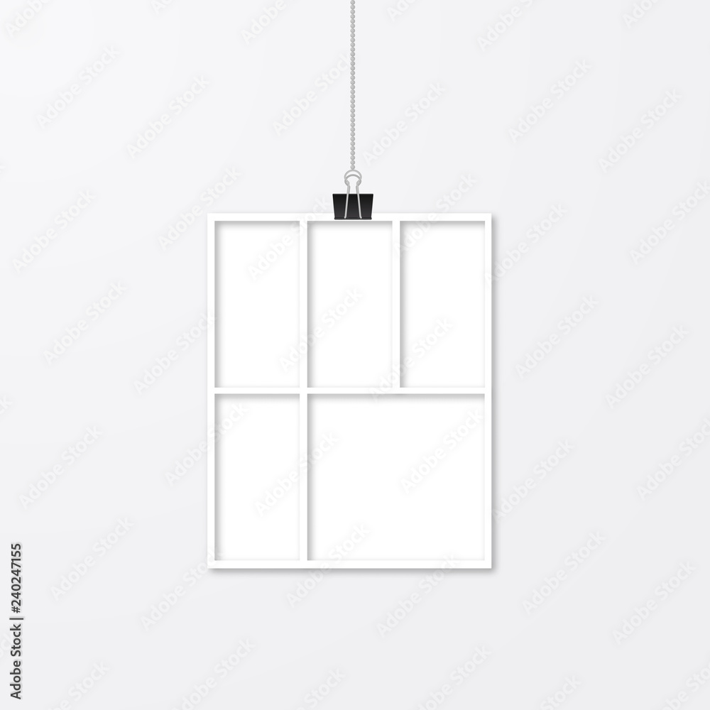 Realistic isolated white paper photo frame hanging with binder clips ...