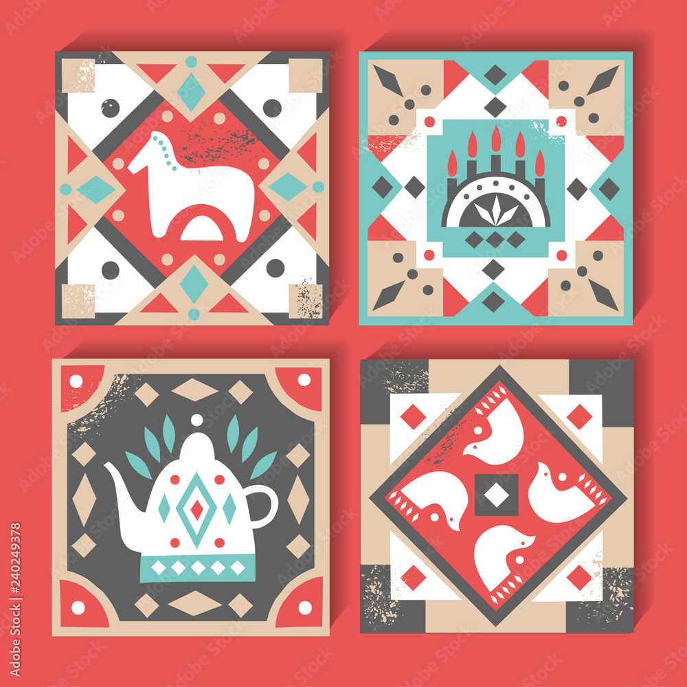 Set of original square cards with folk rustic patterns. For Christmas ...