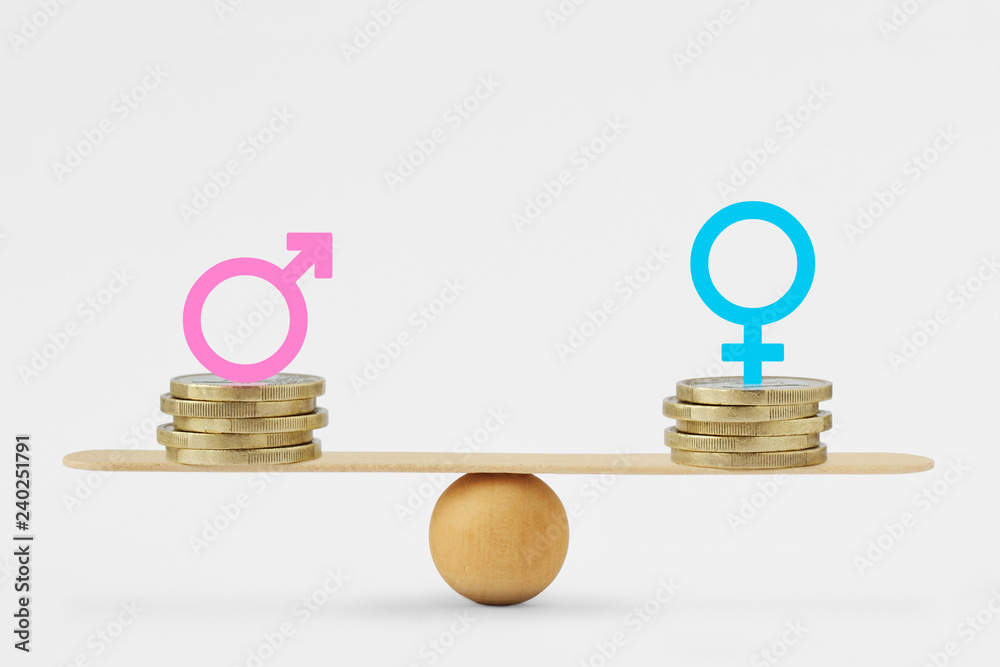 Male and female symbols on piles of coins on balance scale - Gender pay ...