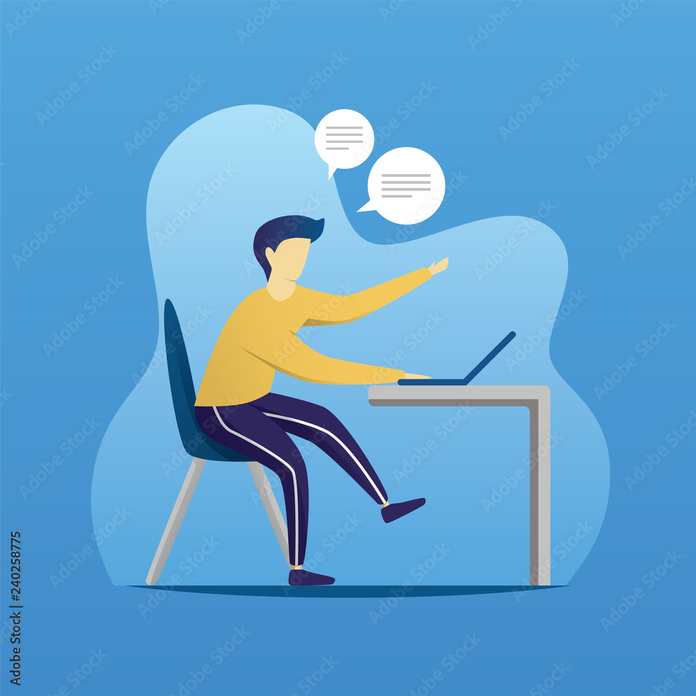 man sitting on a chair, using a laptop computer, and saying something ...