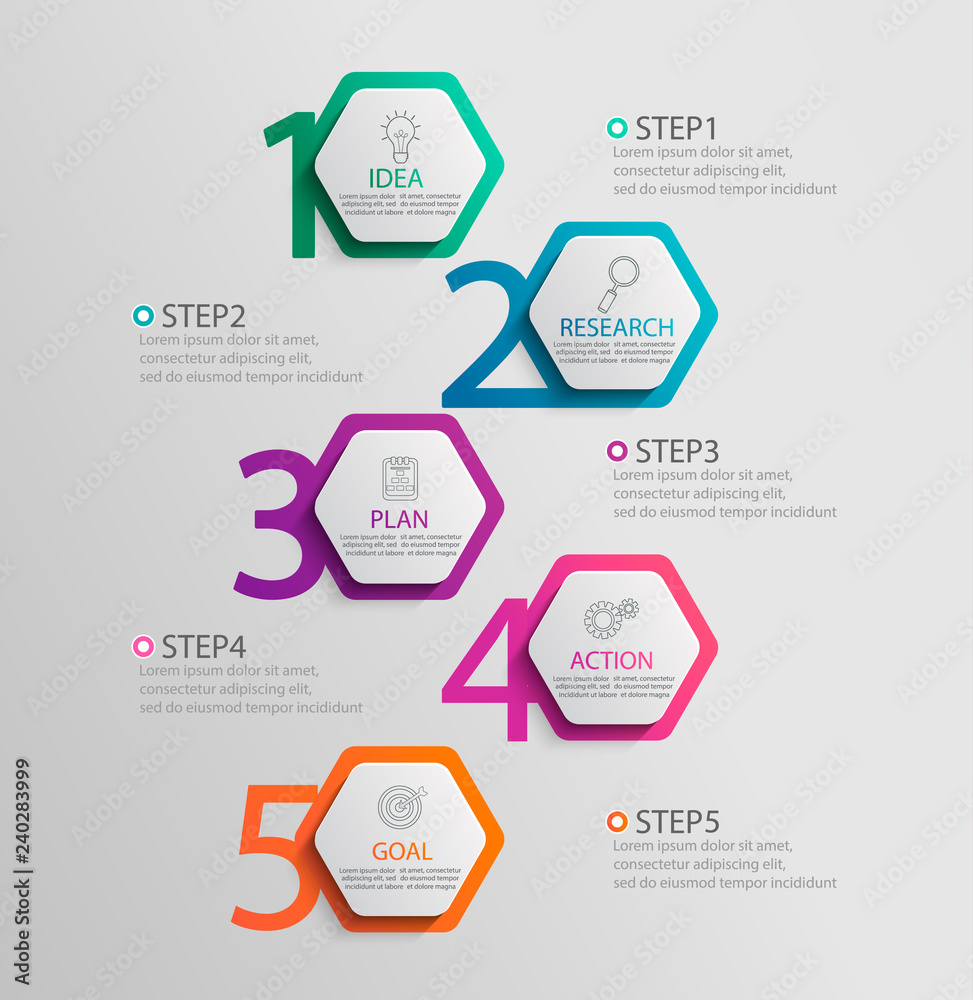 Paper vertical infographic template with 5 hexagon options for ...