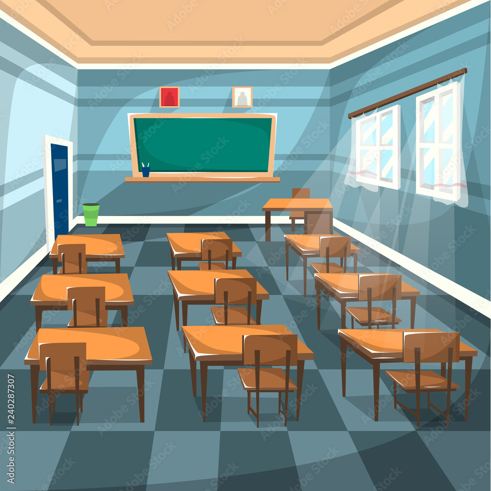 High School Classroom with Chalk Board, brown Study Table Chair, globe ...