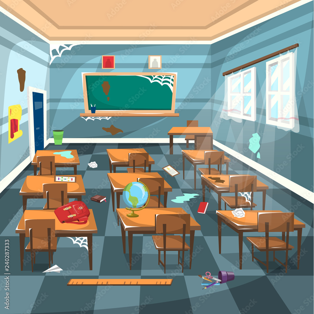 Dirty High School Classroom with Chalk Board, brown Study Table Chair ...